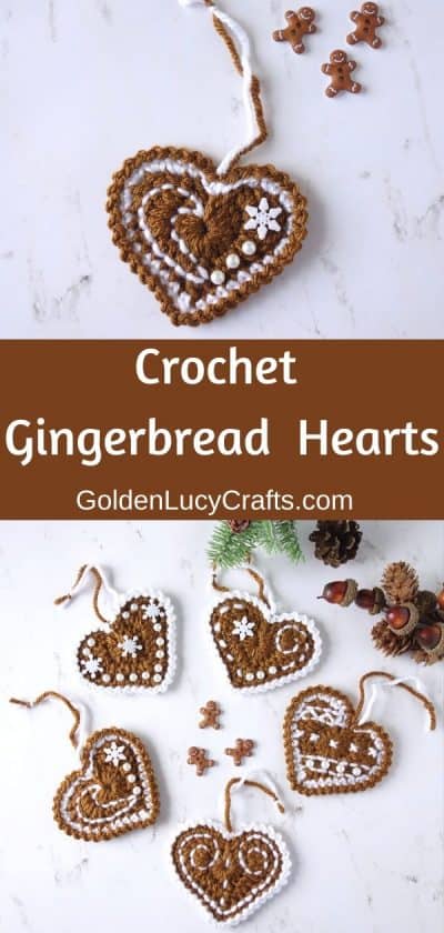 Crochet Gingerbread Heart Ornaments - GoldenLucyCrafts