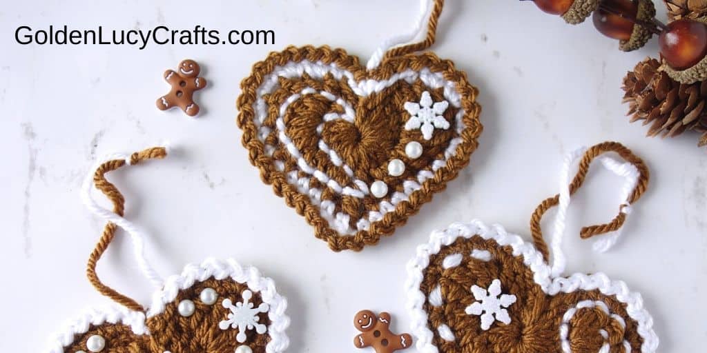 Crochet Gingerbread Heart Ornaments - GoldenLucyCrafts