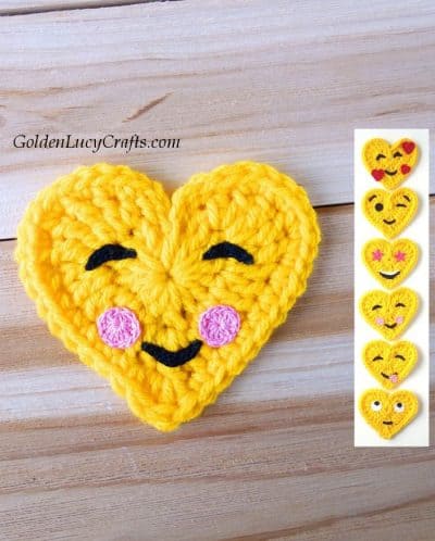 Crochet Heart Emoji, Happy Face, Free Crochet Pattern - GoldenLucyCrafts