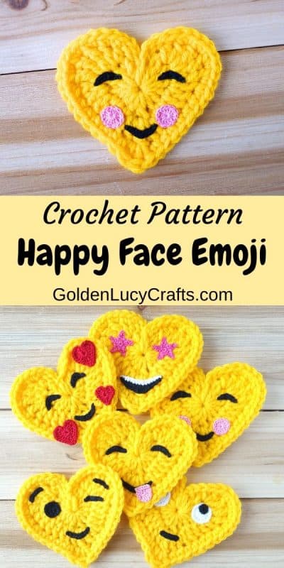 Crochet Heart Emoji, Happy Face, Free Crochet Pattern - GoldenLucyCrafts