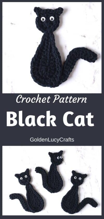Black Cat Crochet Pattern, Halloween Applique - GoldenLucyCrafts