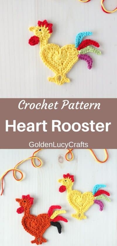 Crochet Heart Rooster Applique, Free Pattern - GoldenLucyCrafts