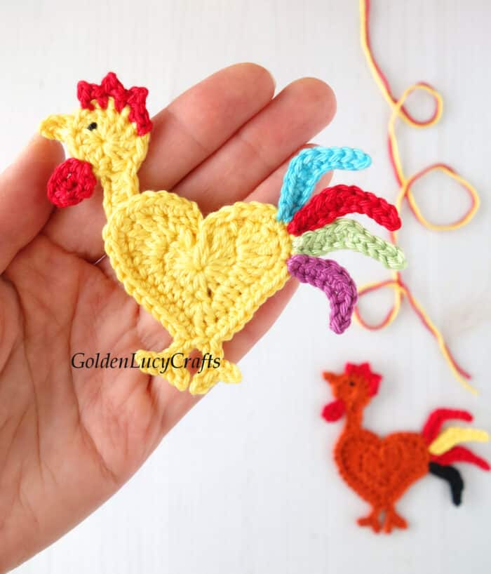 Crochet Heart Rooster Applique, Free Pattern - GoldenLucyCrafts