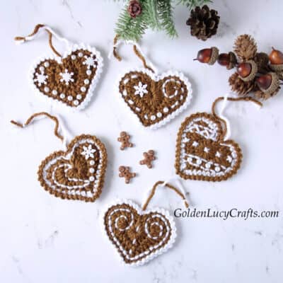 Crochet Gingerbread Heart Ornaments - GoldenLucyCrafts