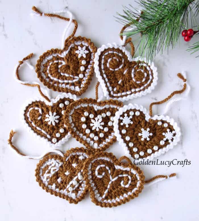 Crochet Gingerbread Heart Ornaments - GoldenLucyCrafts