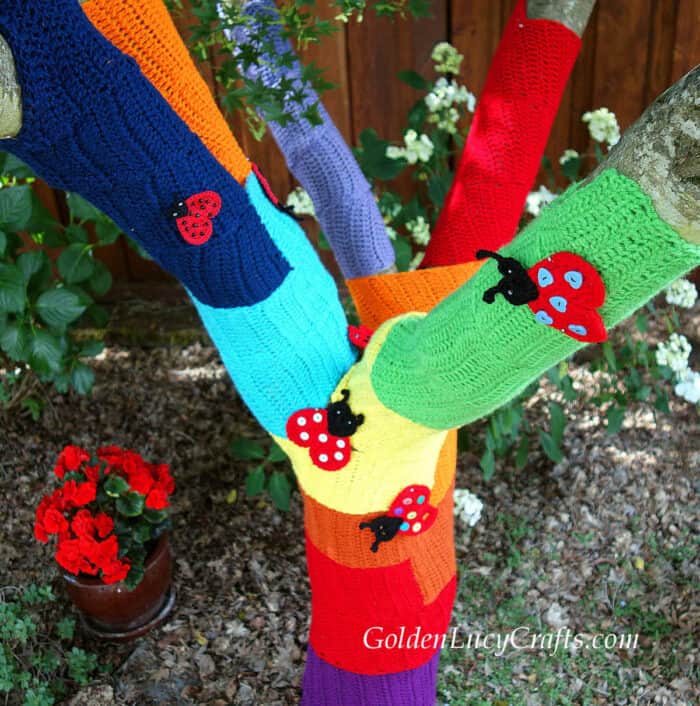Yarn Bombing in my Backyard, Yarn Tree, Crochet Graffiti - GoldenLucyCrafts
