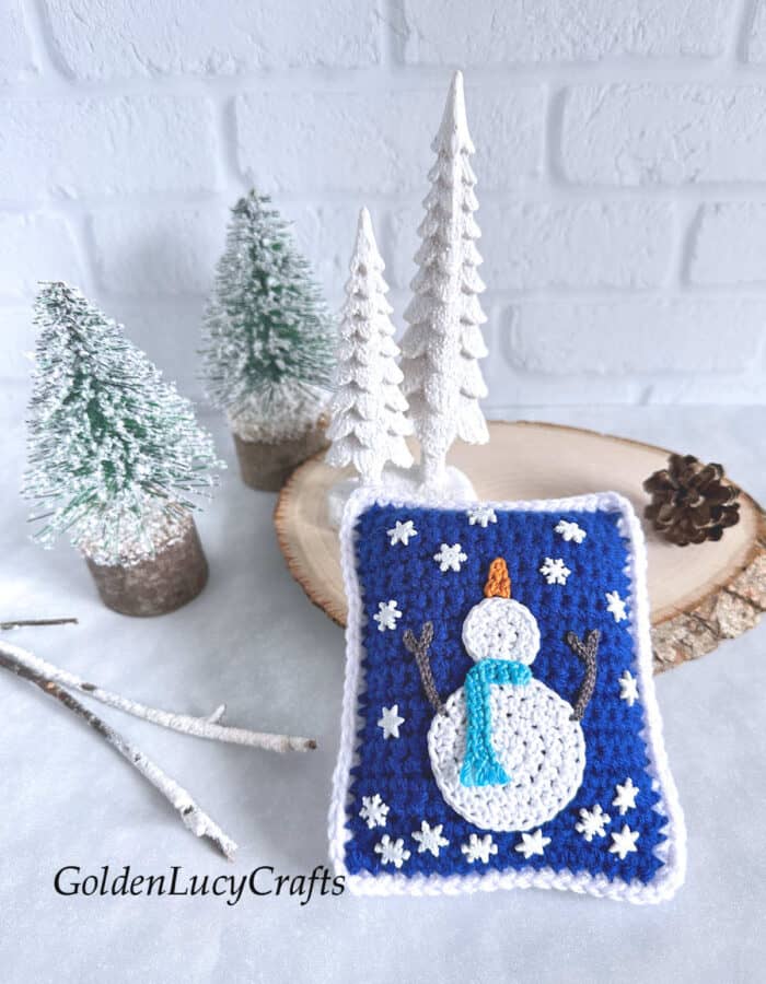 Snowman Catching Snowflakes Crochet Mini Pillow - GoldenLucyCrafts