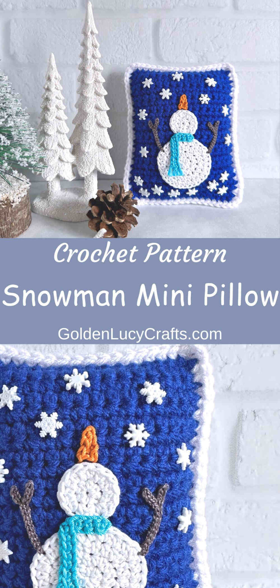 Snowman Catching Snowflakes Crochet Mini Pillow - GoldenLucyCrafts