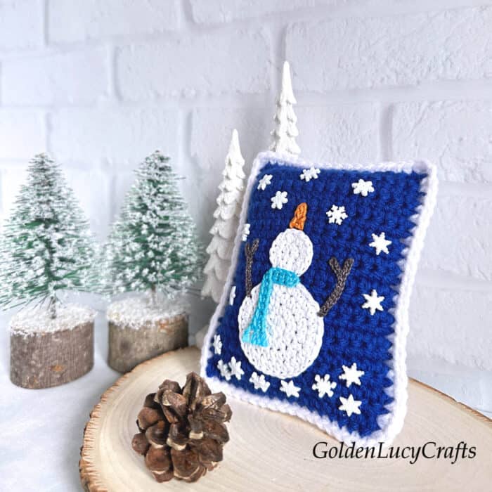 Snowman Catching Snowflakes Crochet Mini Pillow - GoldenLucyCrafts
