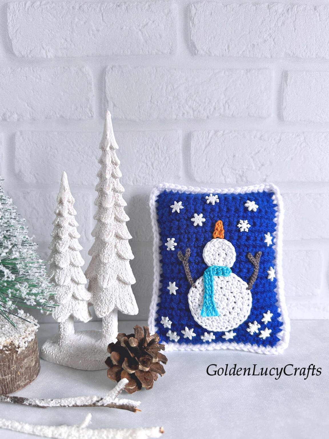Snowman Catching Snowflakes Crochet Mini Pillow - GoldenLucyCrafts
