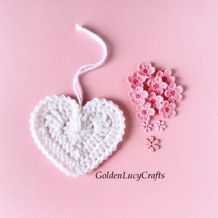 Crochet Cherry Blossom Heart Ornament - GoldenLucyCrafts