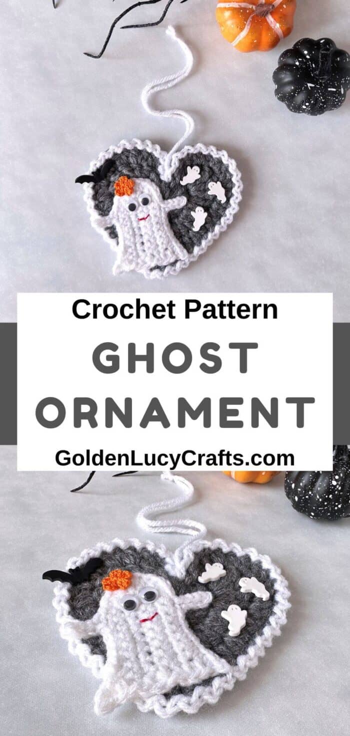 Crochet Halloween Ghost Heart Ornament - GoldenLucyCrafts